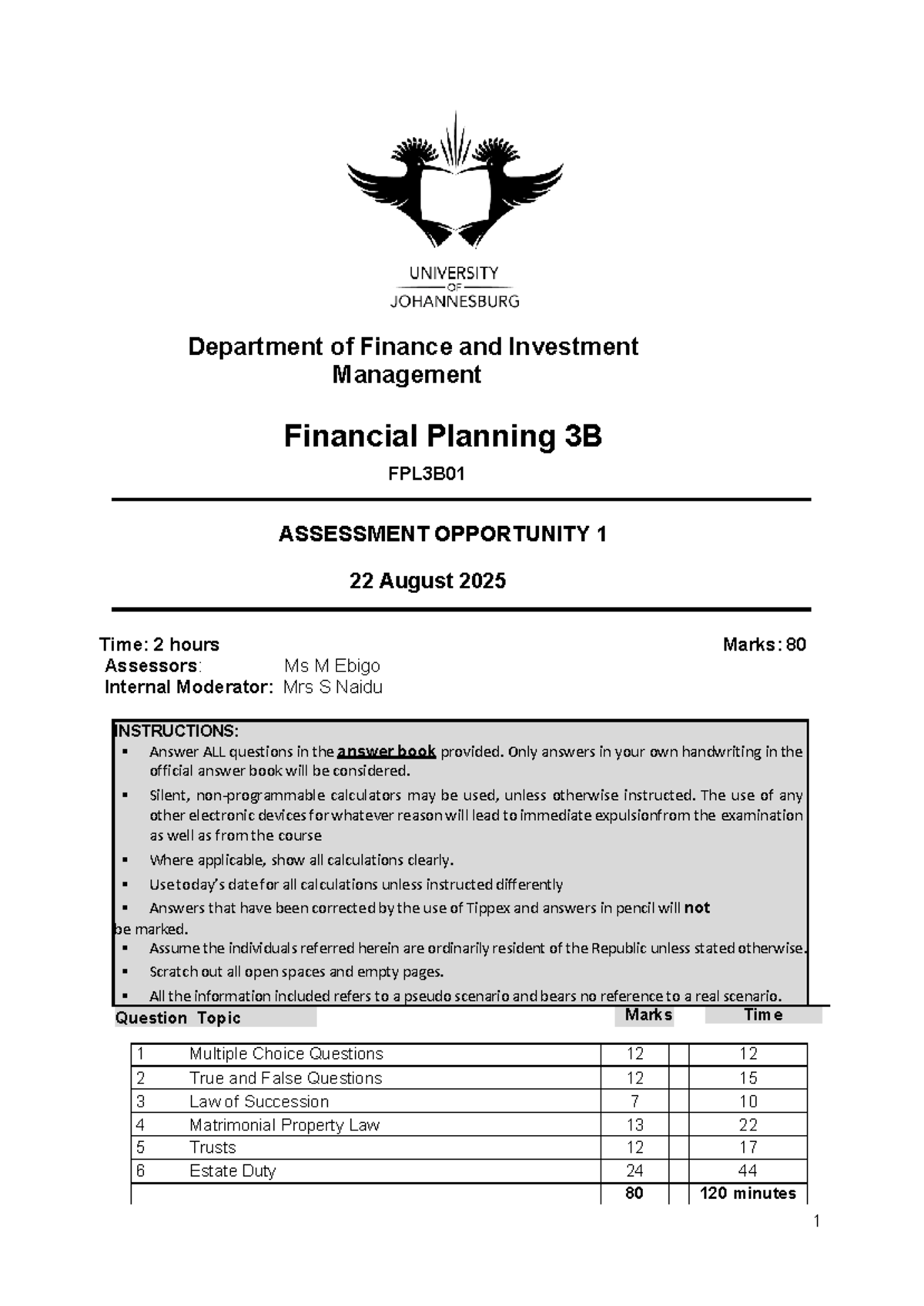 Financial Planning 3B FPL3B01 Assessment Opportunity 1 Memo 2025 - Studocu