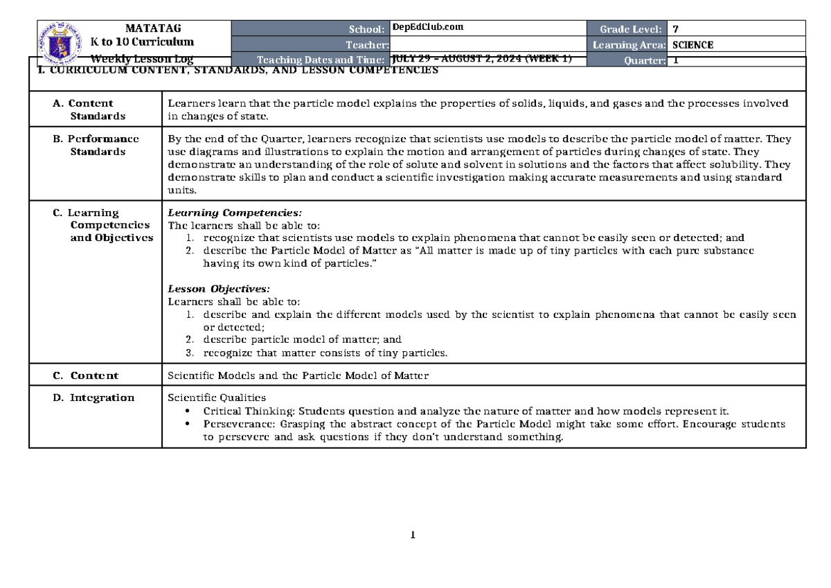 DLL Matatag Science 7 Q1 Week 1 Lesson Plans on Particle Model - Studocu