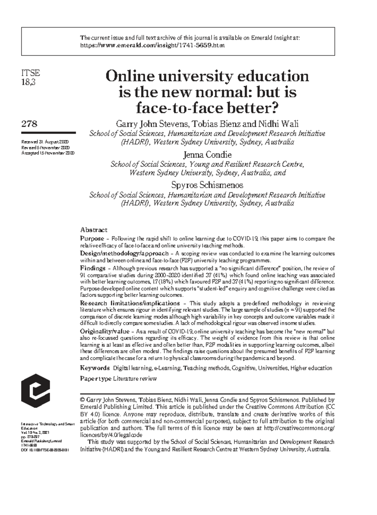 ITSE 18,3 Literature Review: Efficacy of Online vs. F2F University ...