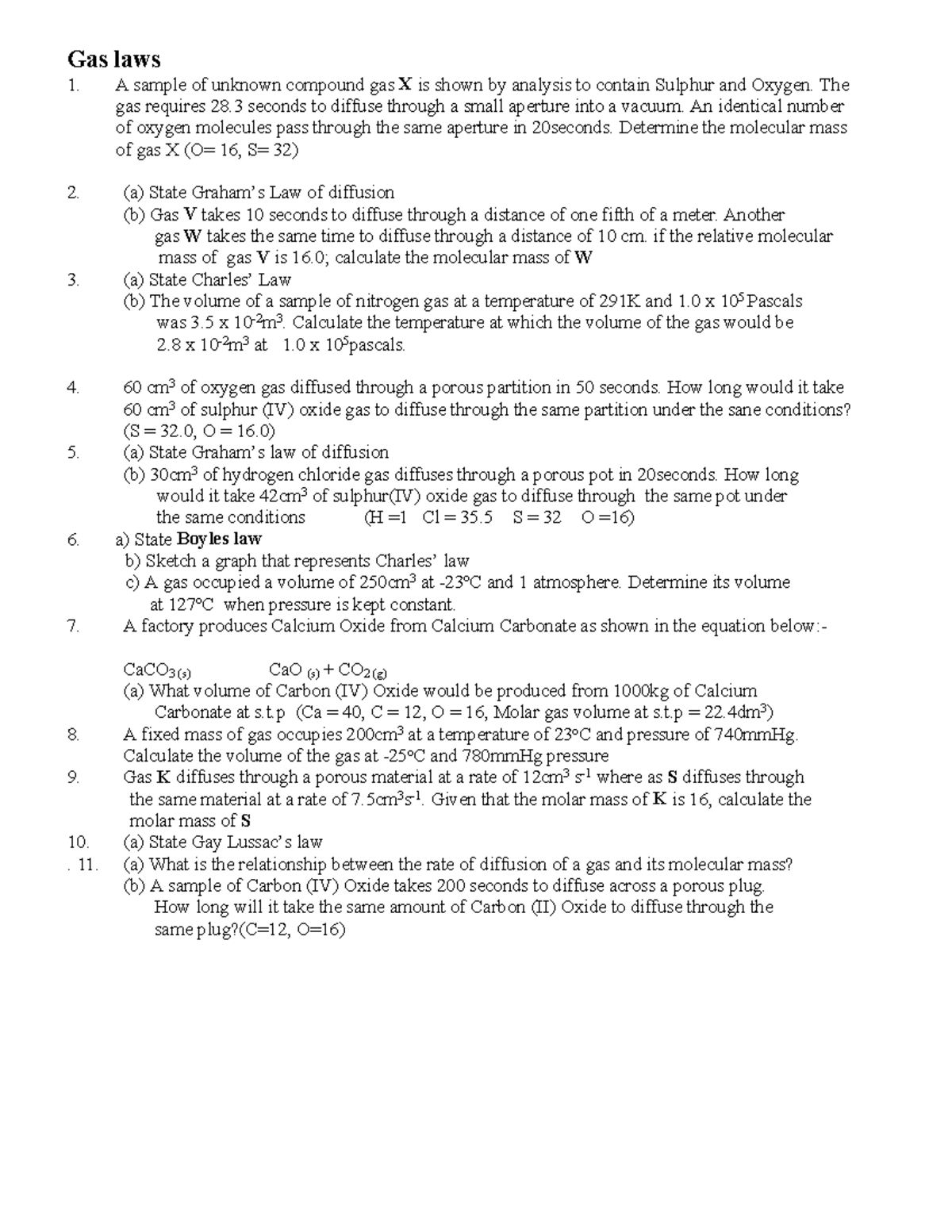 Gas Laws Q - Analysis of Diffusion and Molecular Mass Calculations ...