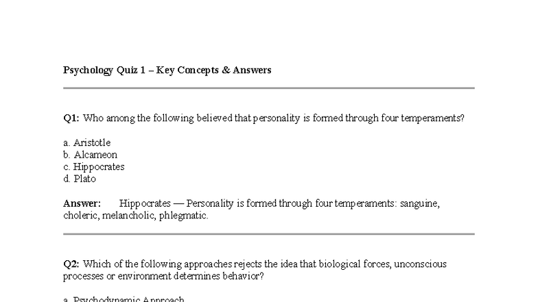 Psychology Quiz 1 - Key Concepts & Answers (Solved) - Studocu