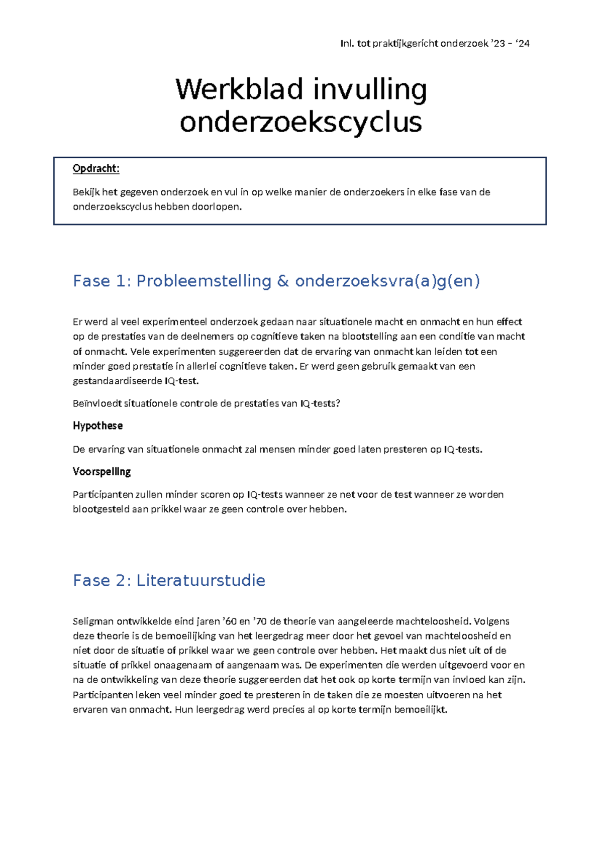 Voorbeeld invulling onderzoekscyclus - Inl. tot praktijkgericht ...
