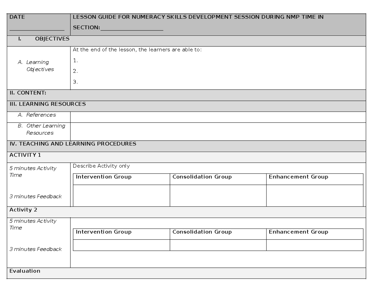 LG Numeracy Skills Template - DATE _____________________ LESSON GUIDE ...
