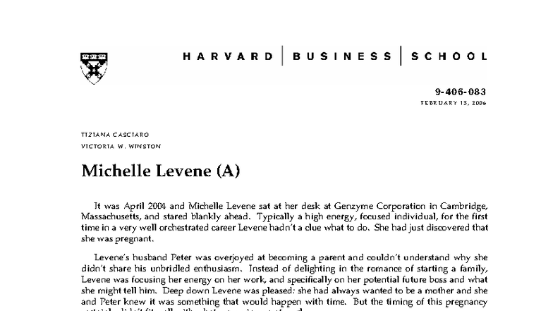 Case 38: Michelle Levene's Dilemma on Career and Motherhood - Studocu