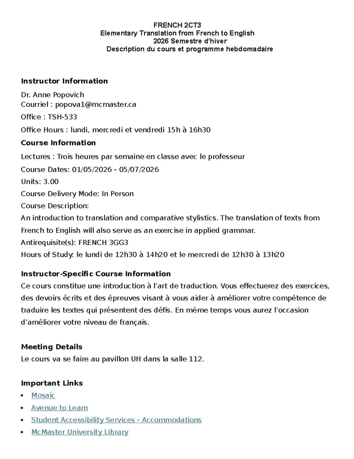 FRENCH 2CT3 Syllabus: Introduction to Translation & Stylistics - Studocu