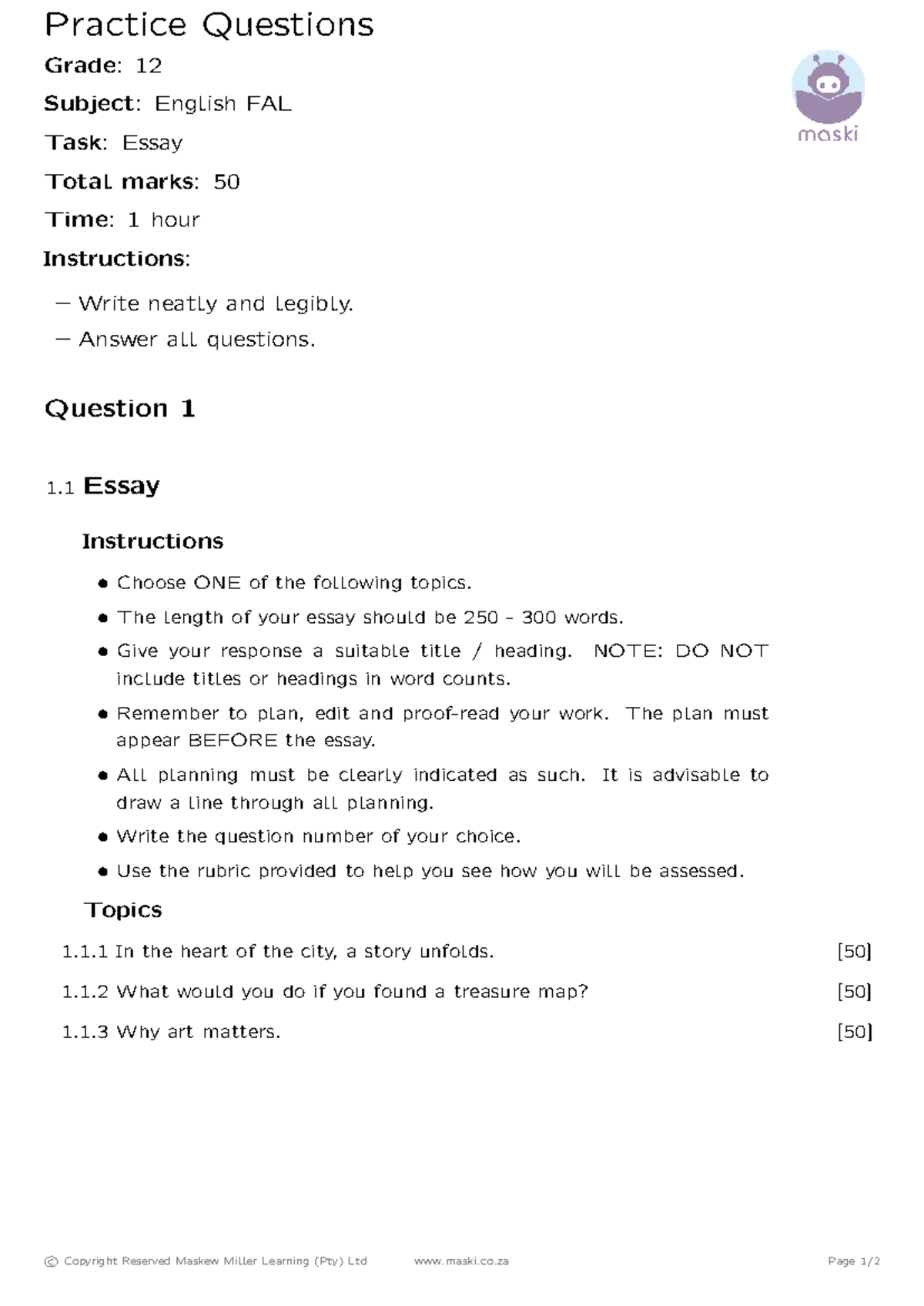 Grade 12 English FAL Essay Practice Questions (Total: 50 Marks) - Studocu