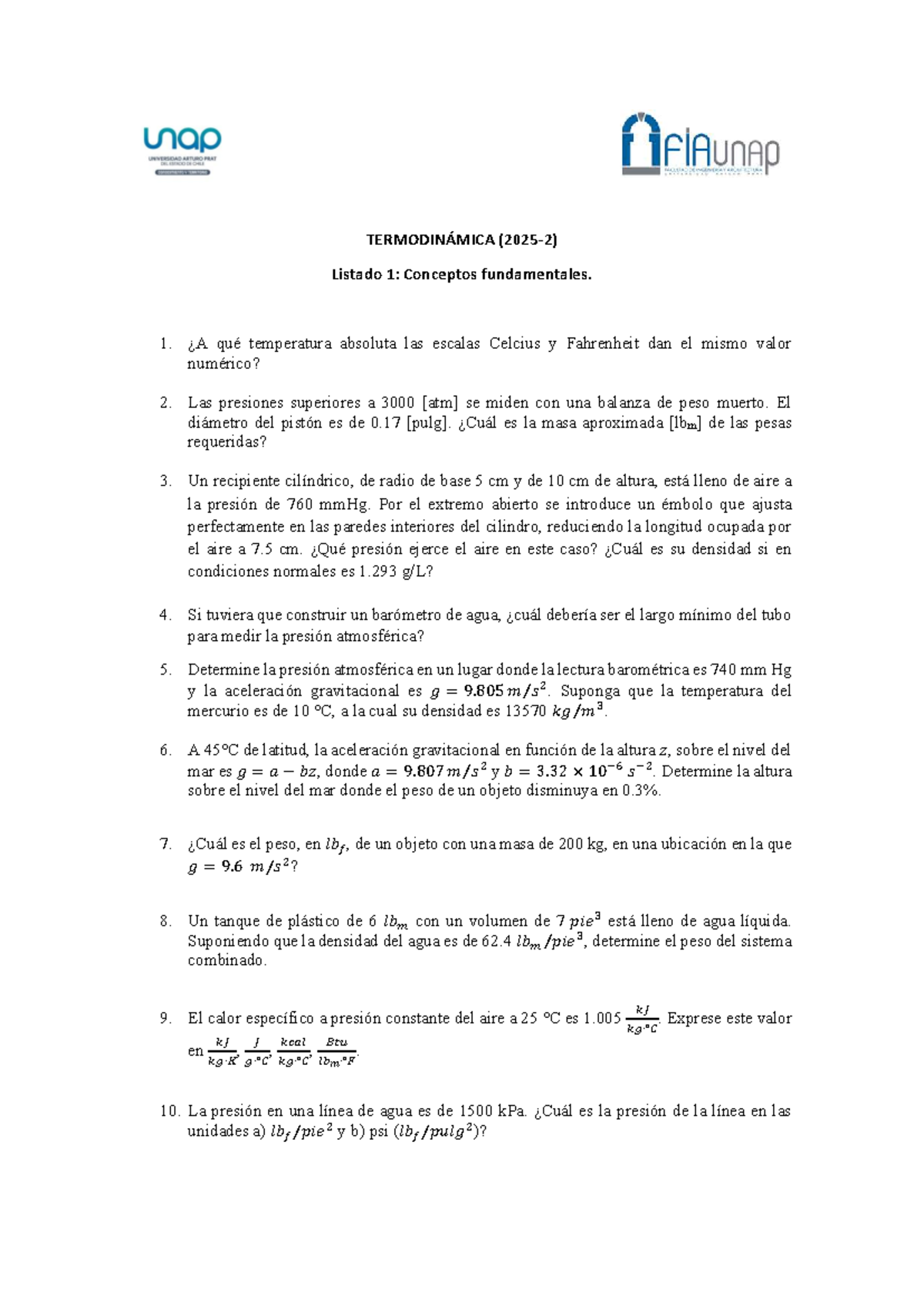 Listado 1: Conceptos Fundamentales de Termodinámica 2025-2 - Studocu