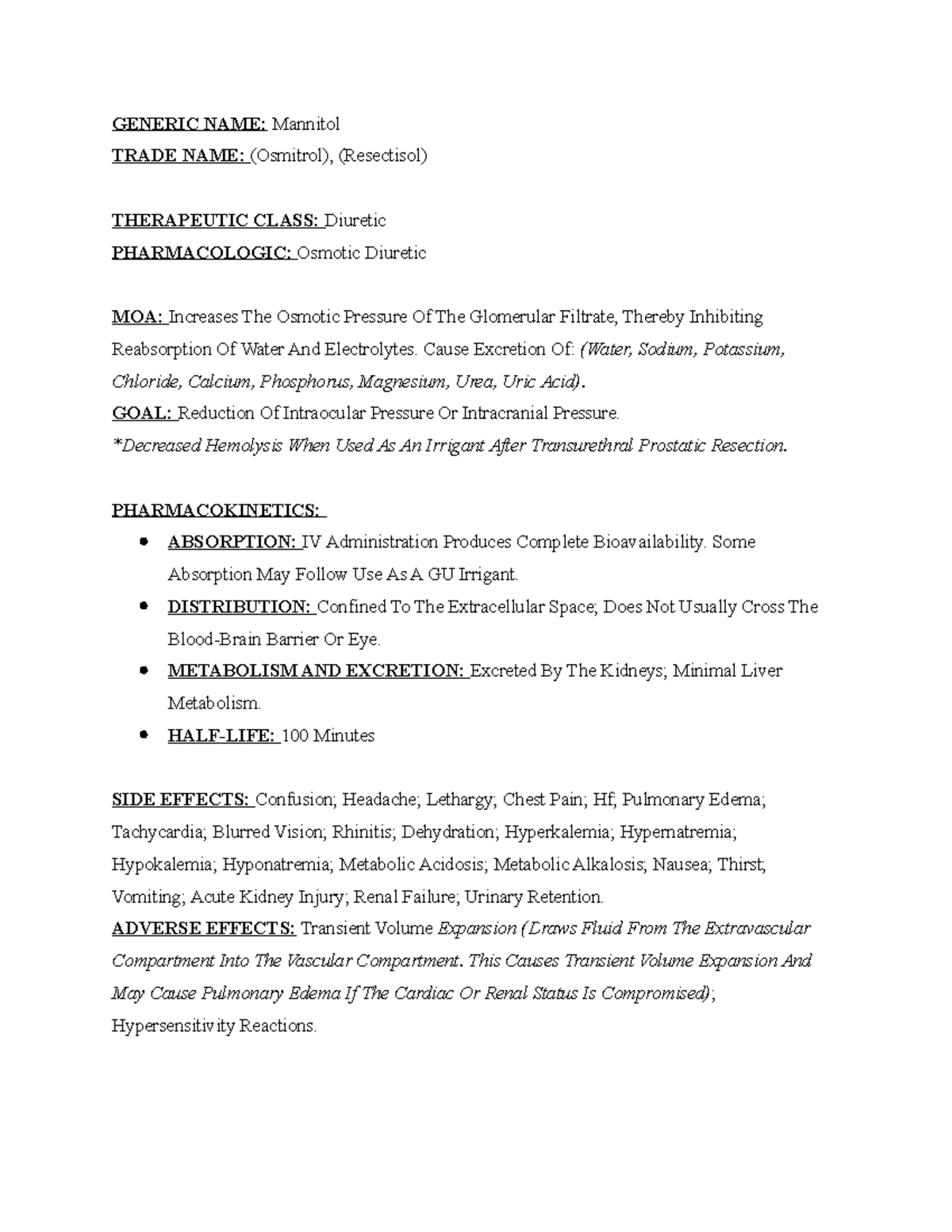 Drug Card Info: Mannitol (Diuretic) - Key Pharmacology & Safety Details - Studocu