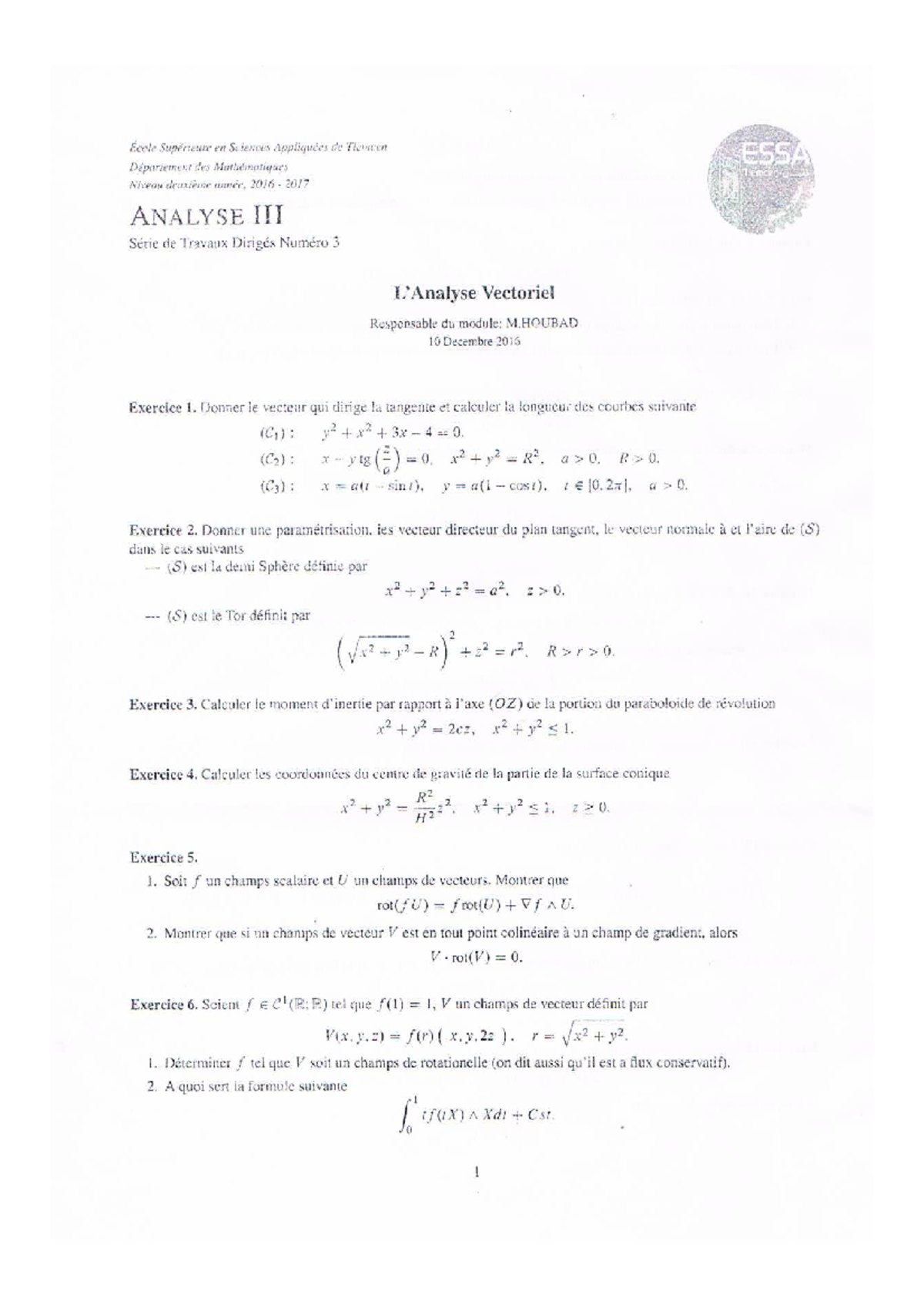 Analyse Vectorielle - TD Corrigé n°3 - 2016-2017 - Studocu