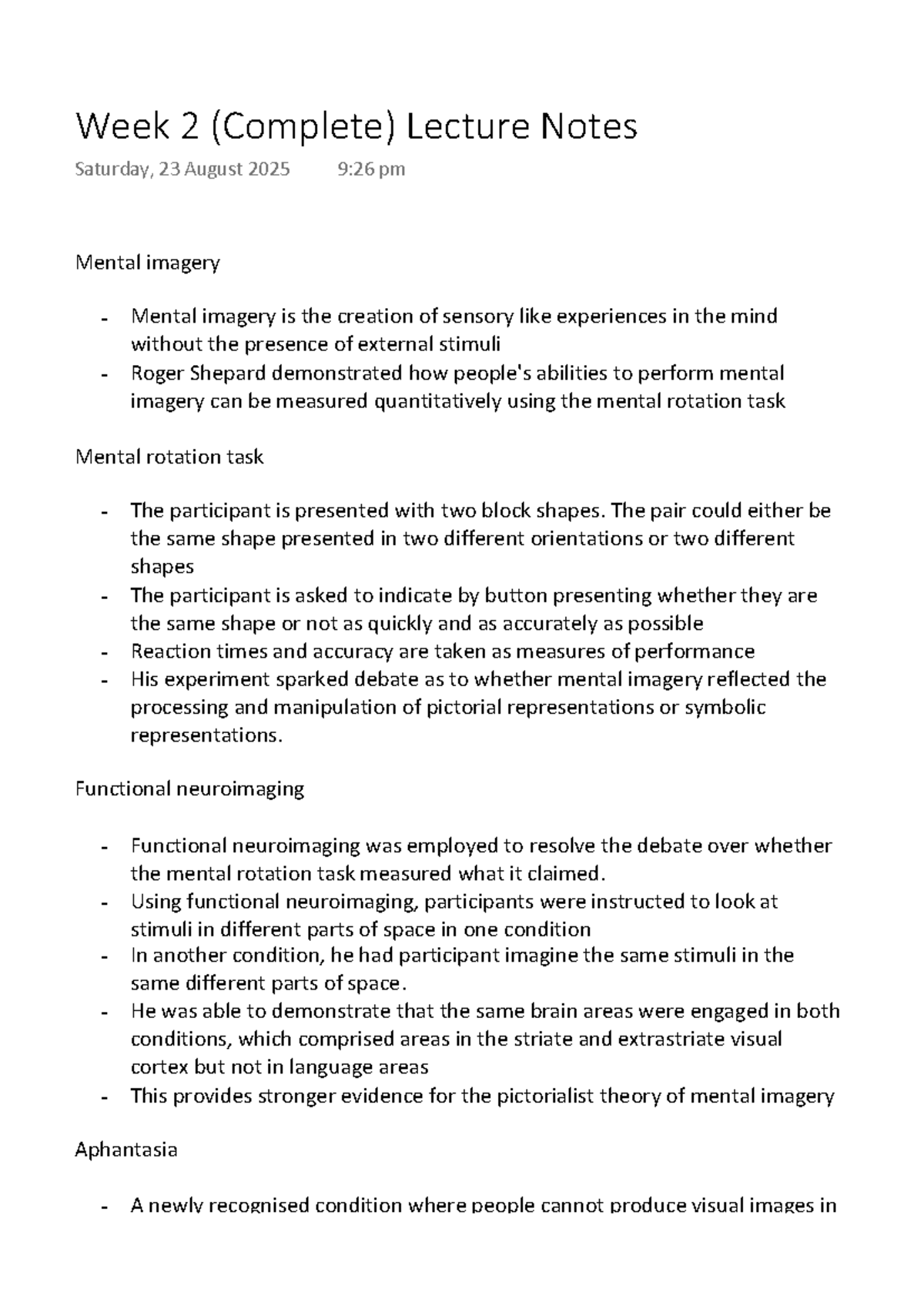 PSY3NBC Week 2 Complete Lecture Notes on Mental Imagery and ...