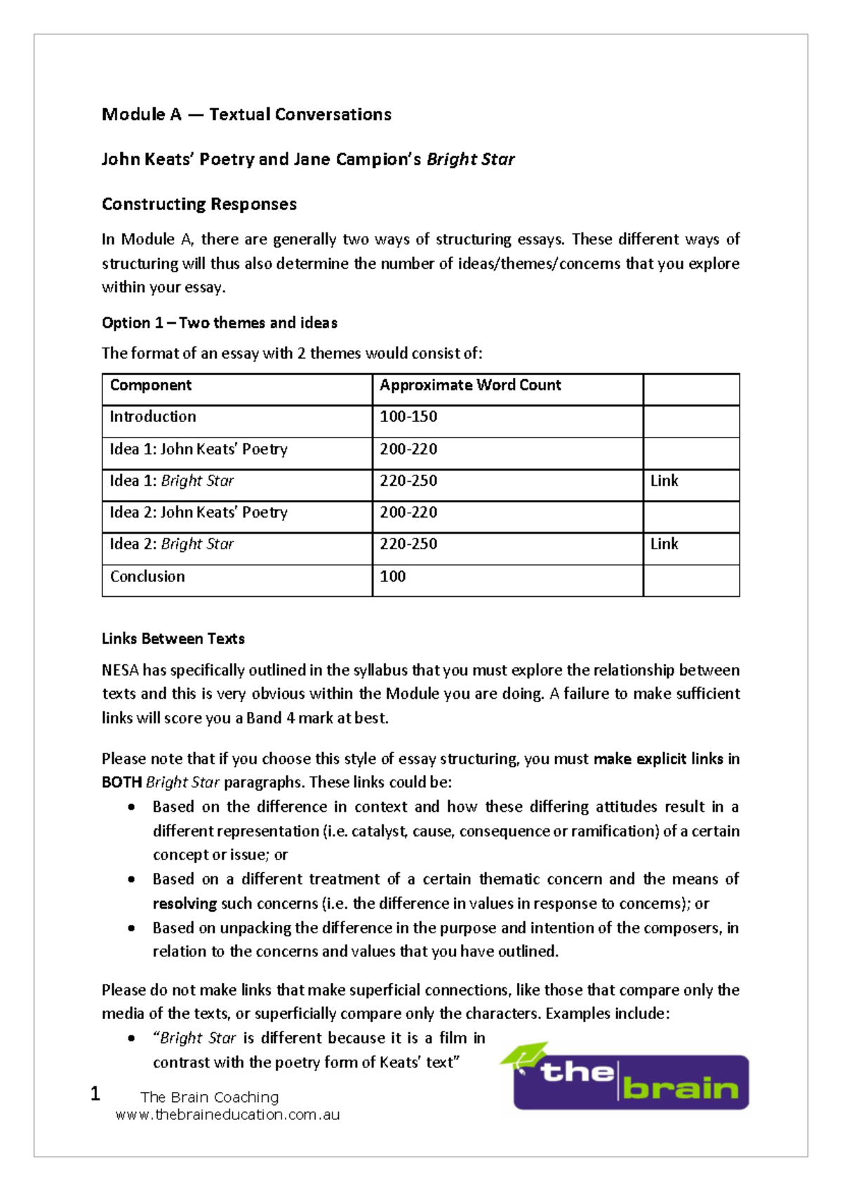 1.3 Keats Bright Star Essay Notes - The Brain Coaching 1 Module A ...