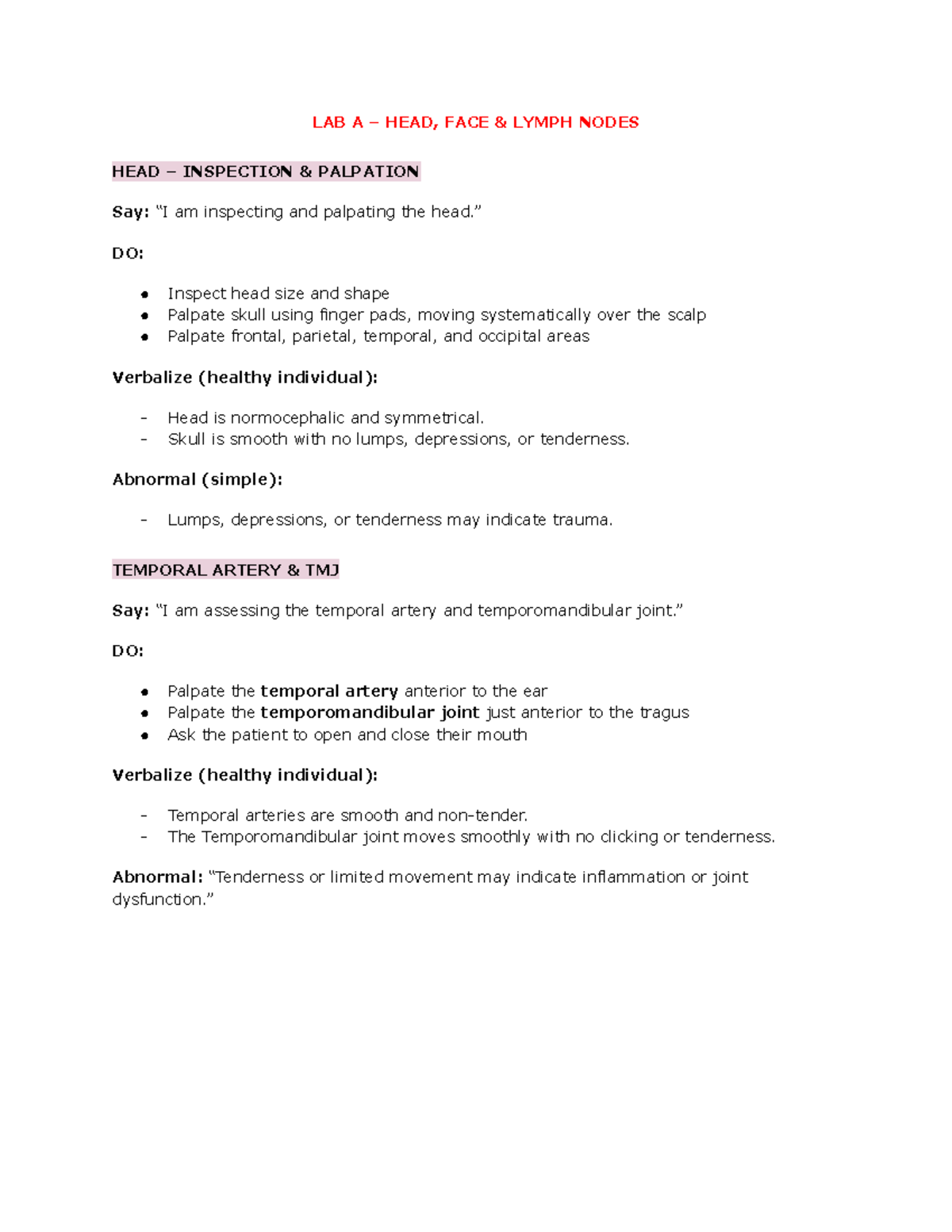 LAB A – HEAD, FACE, AND LYMPH NODES ASSESSMENT GUIDE - Studocu