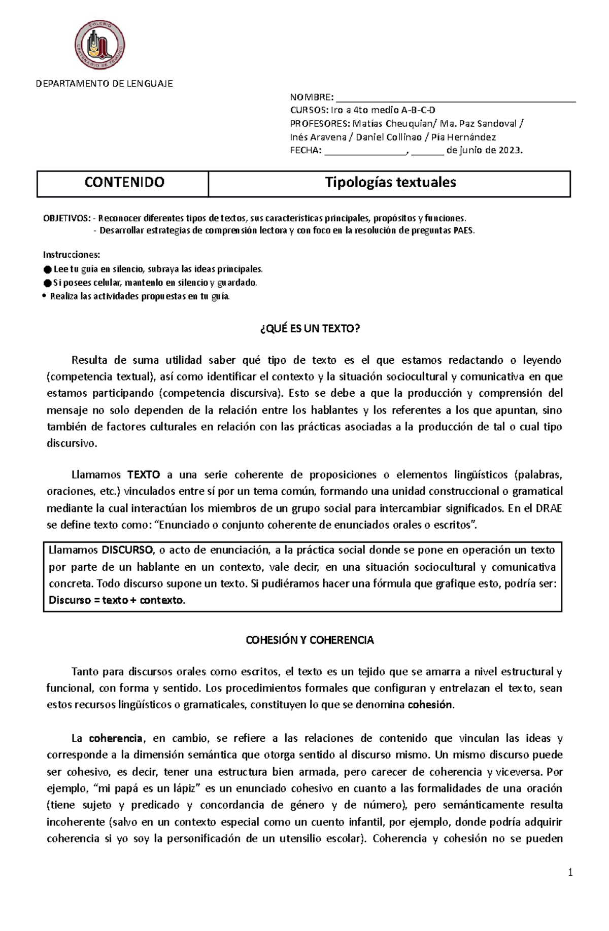 Guia recapitulación Tipologías textuales - DEPARTAMENTO DE LENGUAJE ...