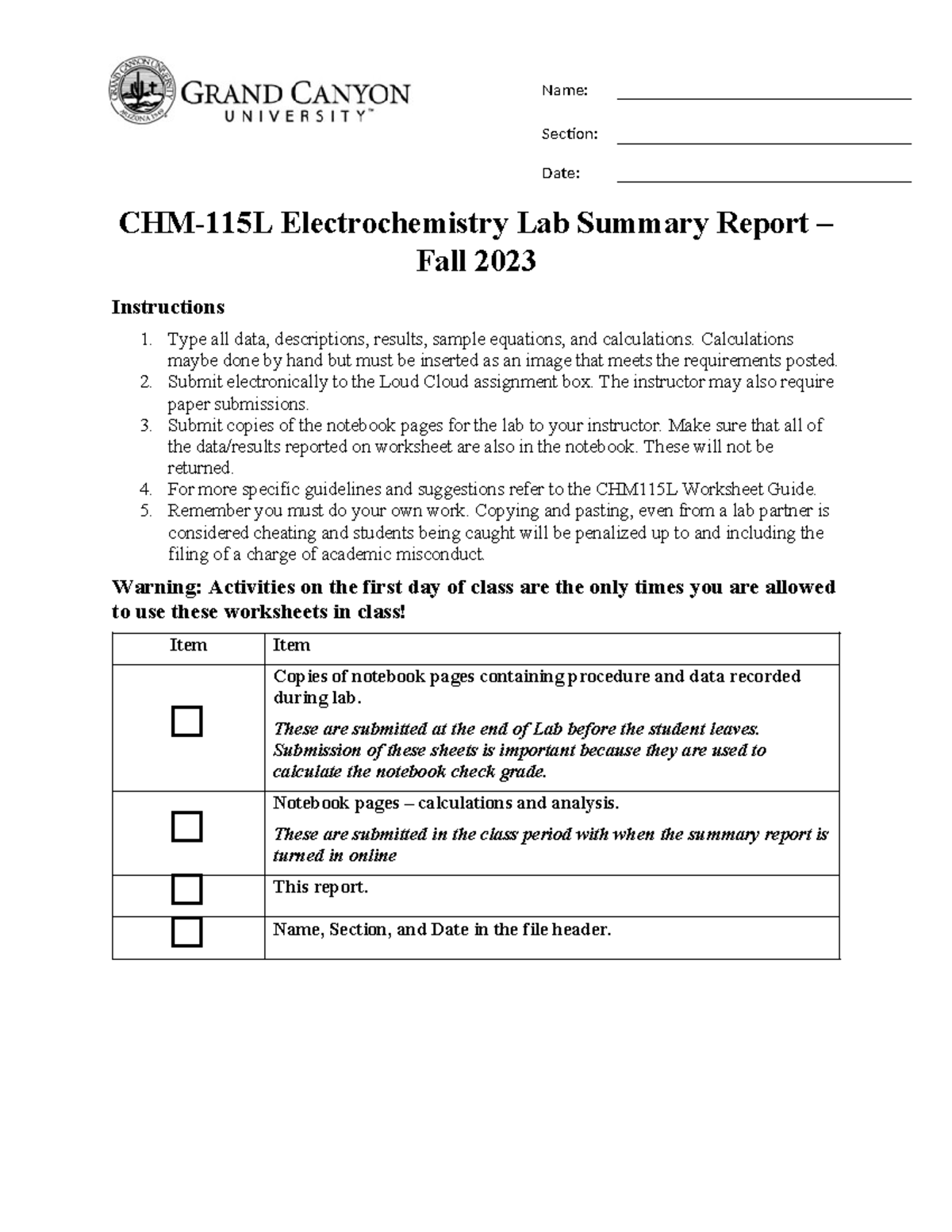 CHM 115L Electrochemistry Lab Summary Report - Fall 2023 - Studocu