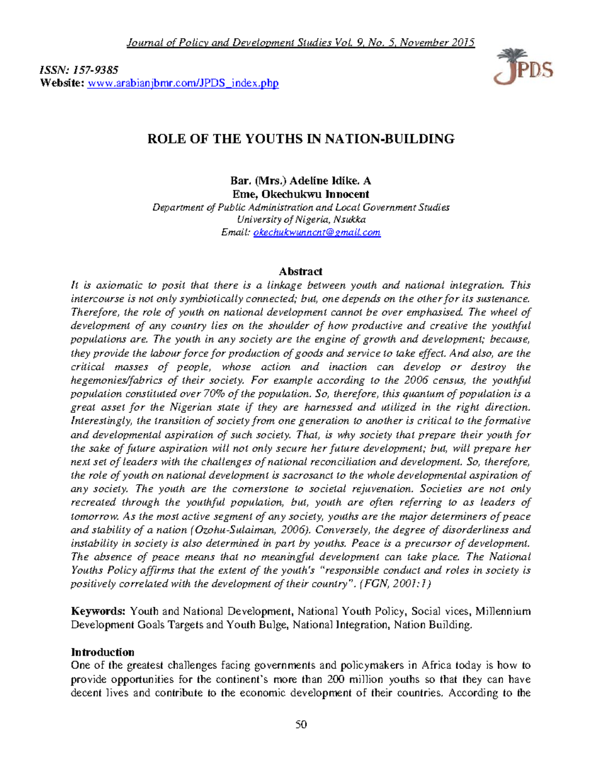 The Role of Youths in National Development: Insights from Nigeria (PDS ...
