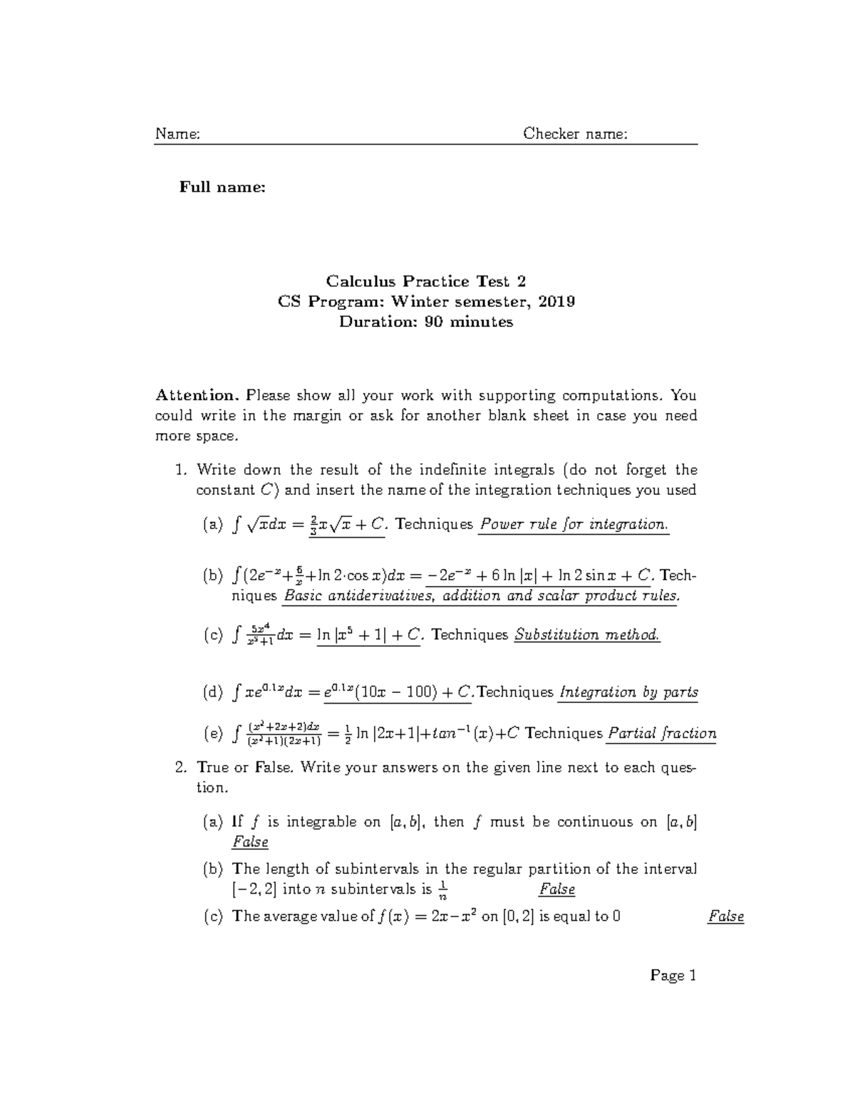 Calculus Practice Test 2 Solutions - CS Program Winter 2019 - Studocu