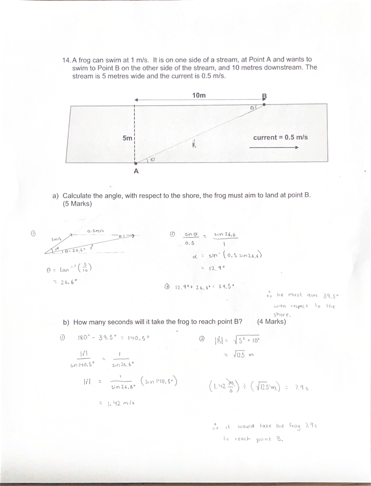 Unit Test 5 MCV4U-7: Vectors and Frog's Swim Calculation - Studocu