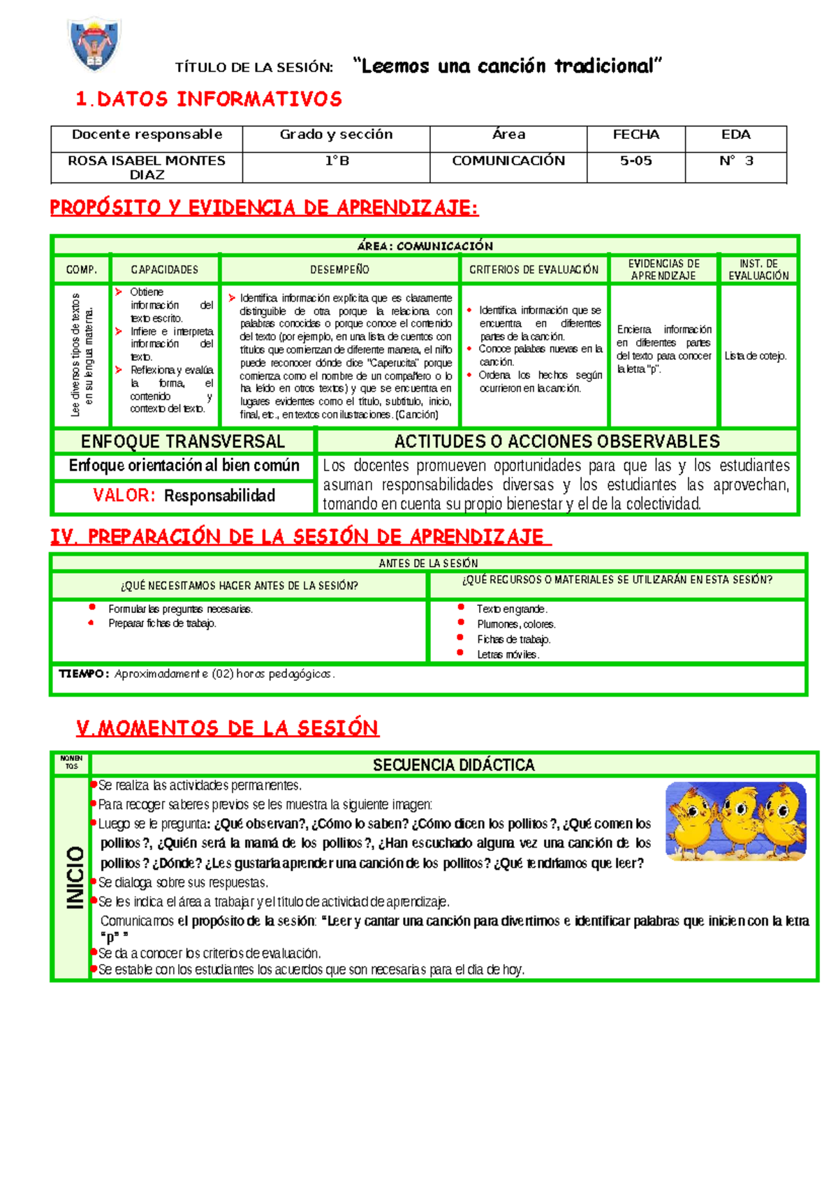 Sesión Leemos LA Canciòn LOS Pollitos Dicen - TÍTULO DE LA SESIÓN ...