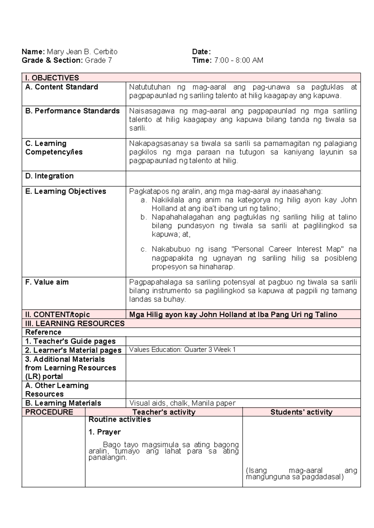 Values Education Lesson Plan: Career Interests & Self-Discovery (Grade ...