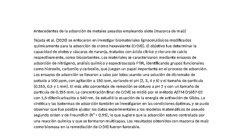 Antecedentes de la adsorción de metales pesados con olote - Studocu