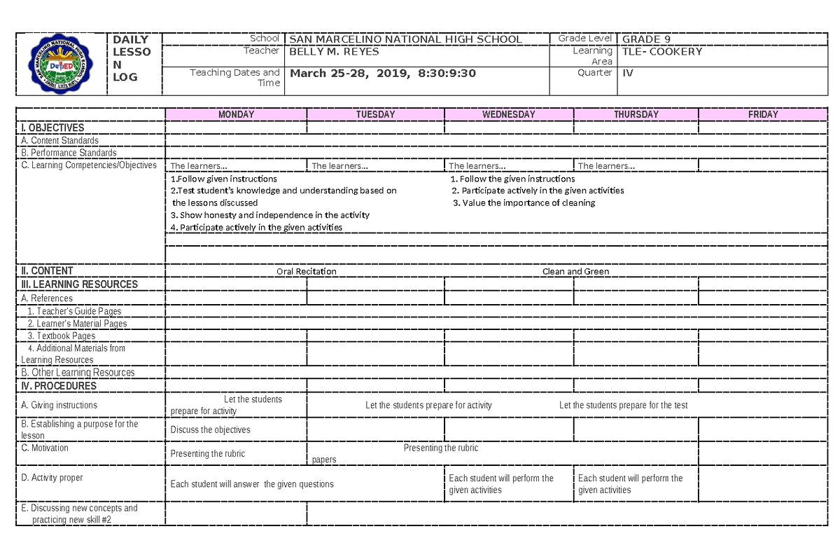 403781458 TLE Cookery Daily Lesson Logs for G9 & G10 (Q4) - Studocu