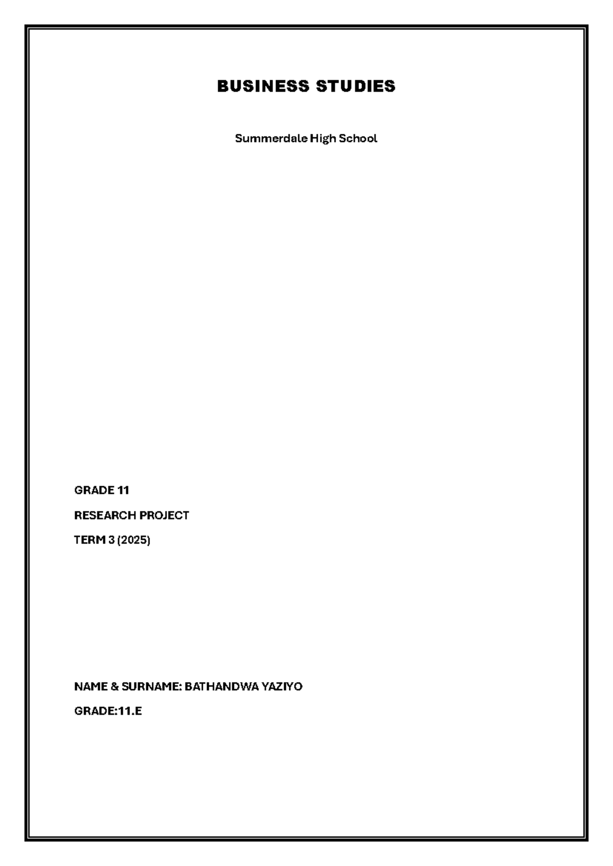 BUSINESS STUDIES GRADE 11 TERM 3 RESEARCH PROJECT 2025 - Studocu
