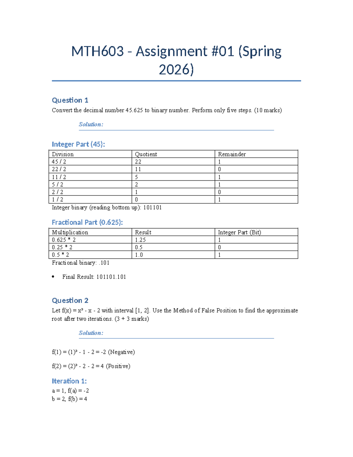 MTH603 Assignment 01 Solutions: Binary Conversion & Root Finding - Studocu