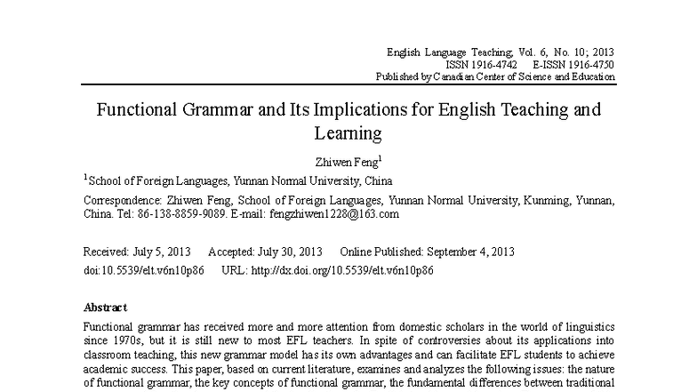 Functional Grammar and Its Implications for ESL Teaching (ENG 101 ...