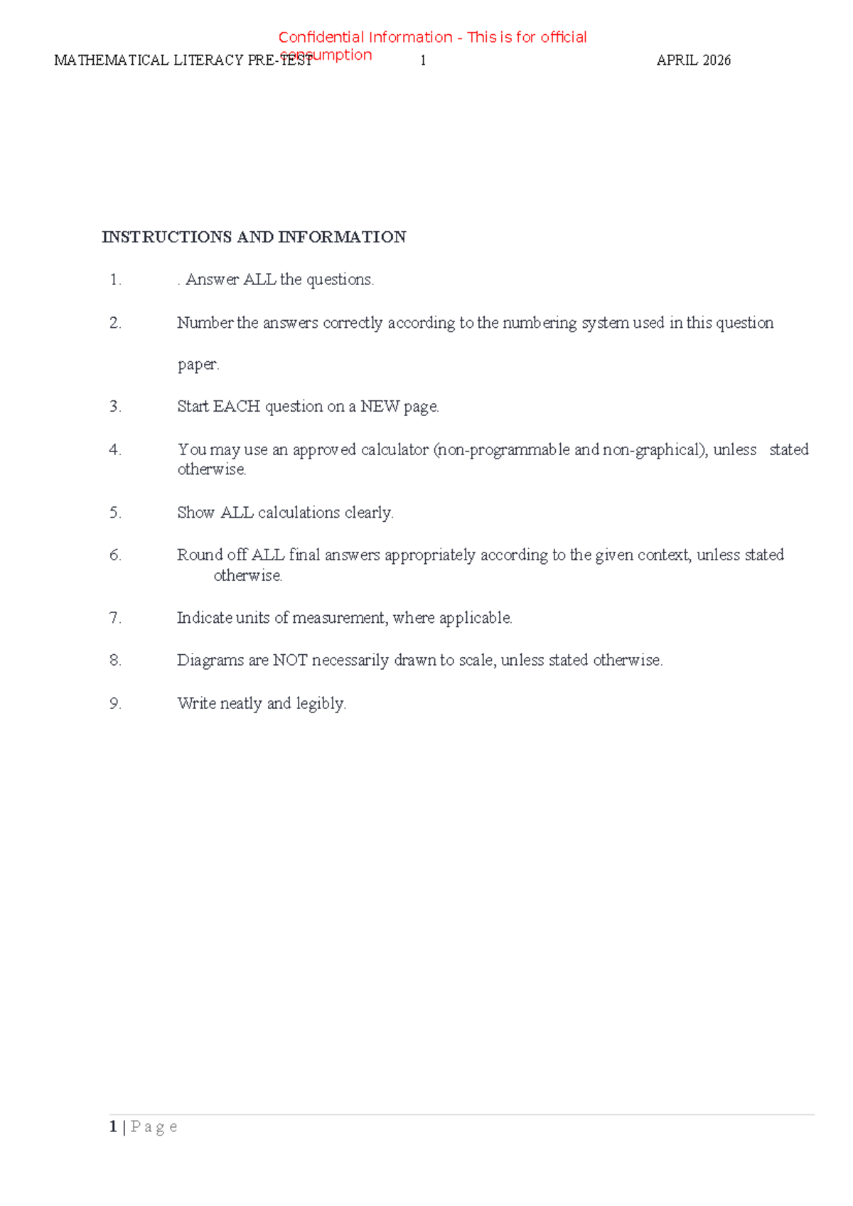 Mathematical Literacy 1 April 2026 Pretest Questions and Instructions ...