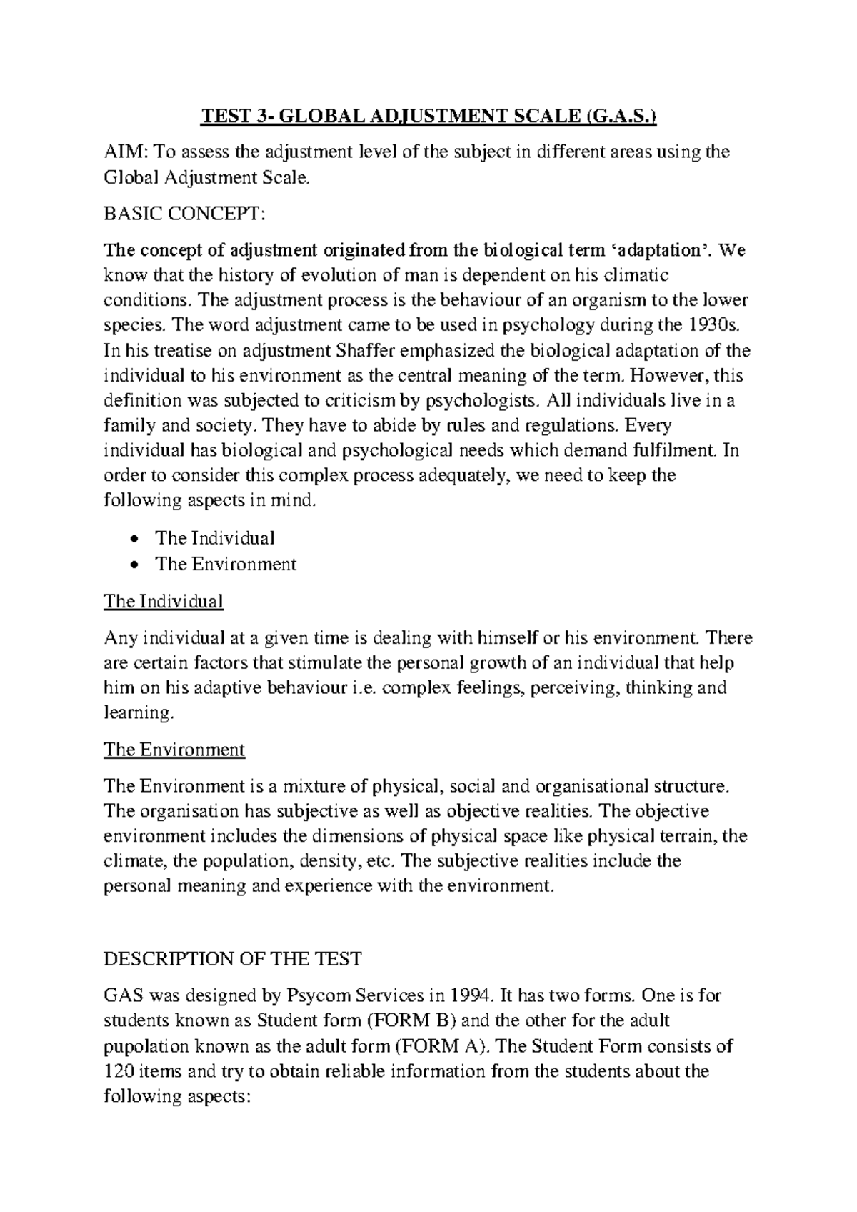 Test 3: Global Adjustment Scale (G.A.) Overview and Description - Studocu