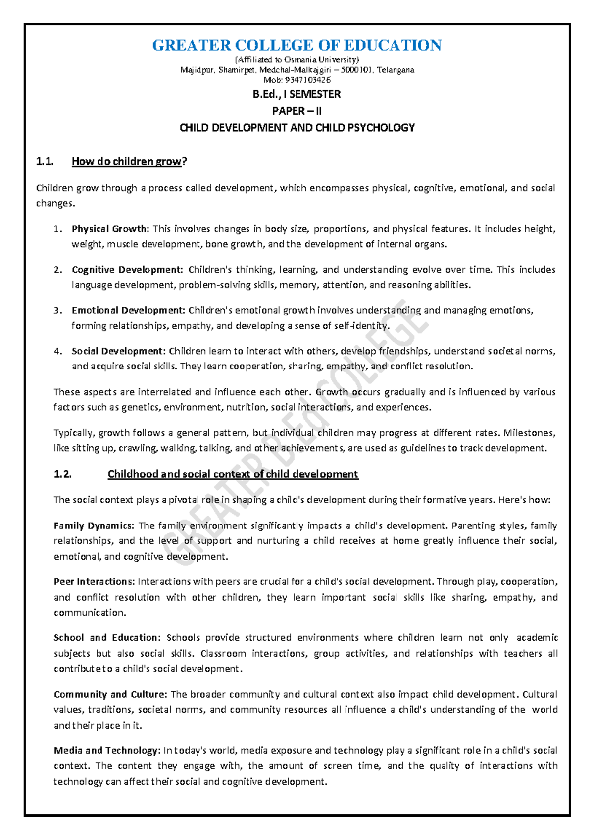 B.Ed. I Semester Paper II: Child Development & Psychology Notes - Studocu