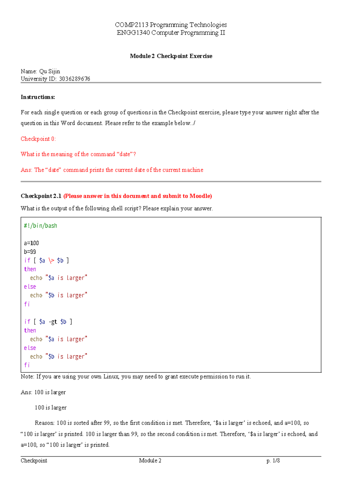 COMP2113/ENGG1340 Module 2 Checkpoint Exercise Guide - Studocu