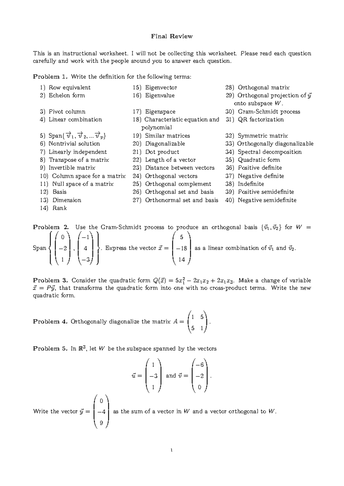 MATH 301: Final Review Worksheet on Linear Algebra Concepts - Studocu