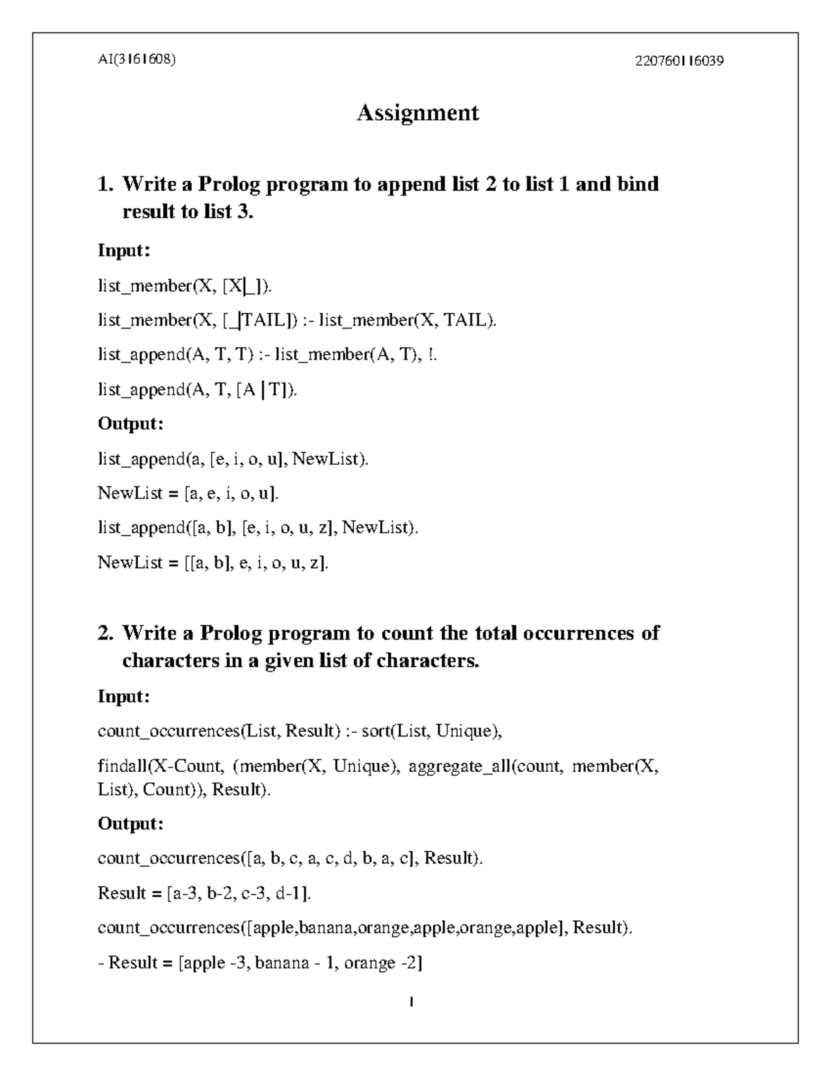 Ai Assignement Updated - AI(3161608) 220760116039 1 Assignment 1. Write a Prolog program to ...