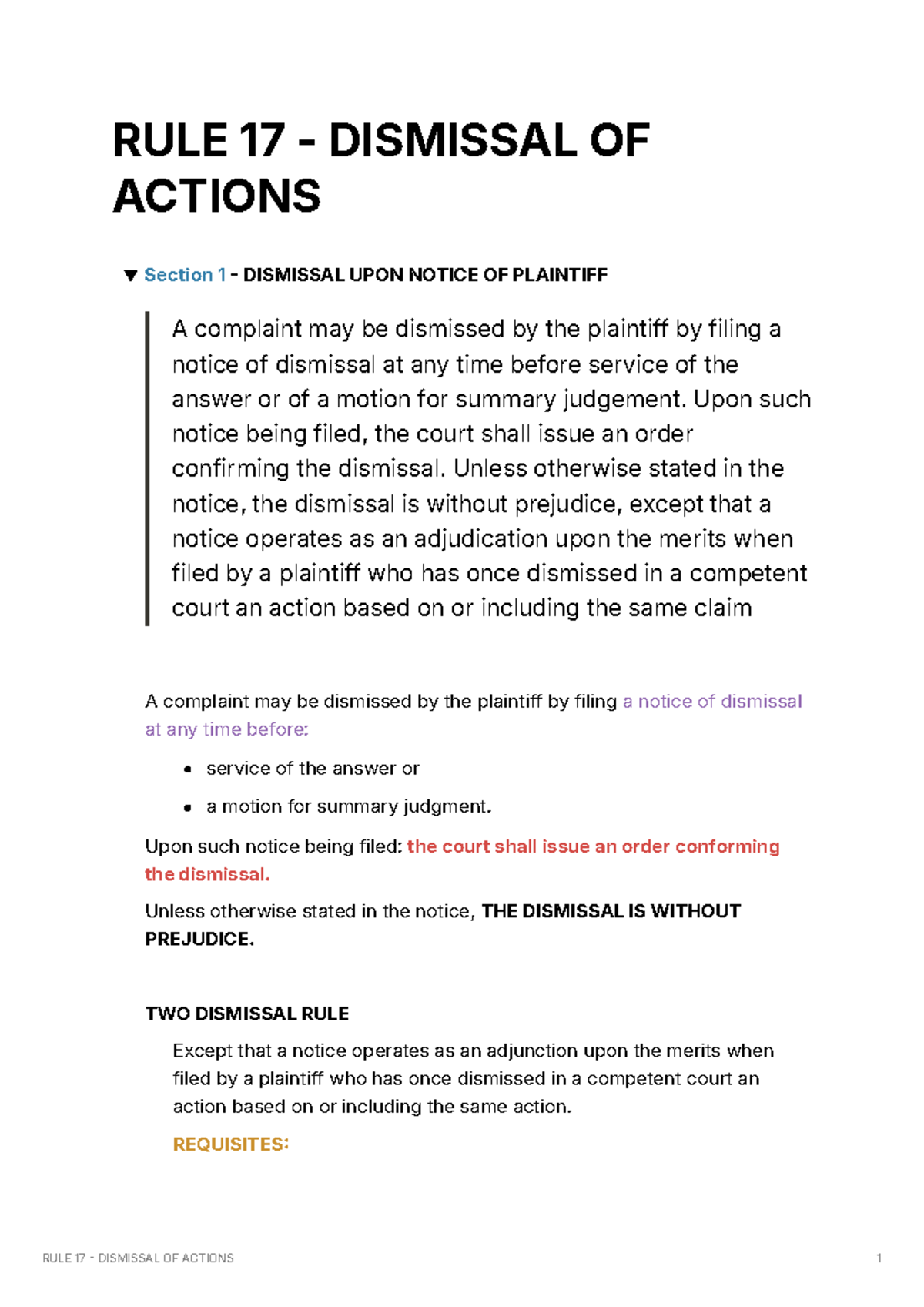 RULE 17: Dismissal of Actions - Key Provisions and Implications - Studocu