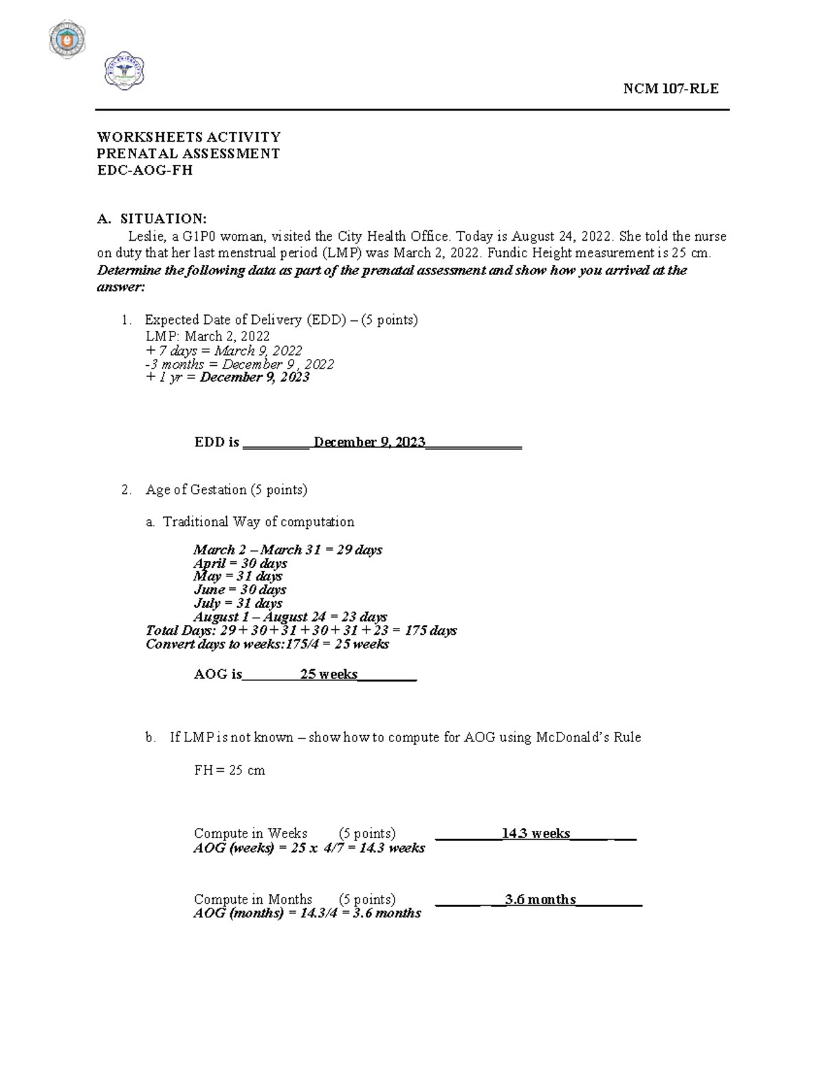 Prenatal Assessment Worksheet for NCM 107-RLE Students - Studocu