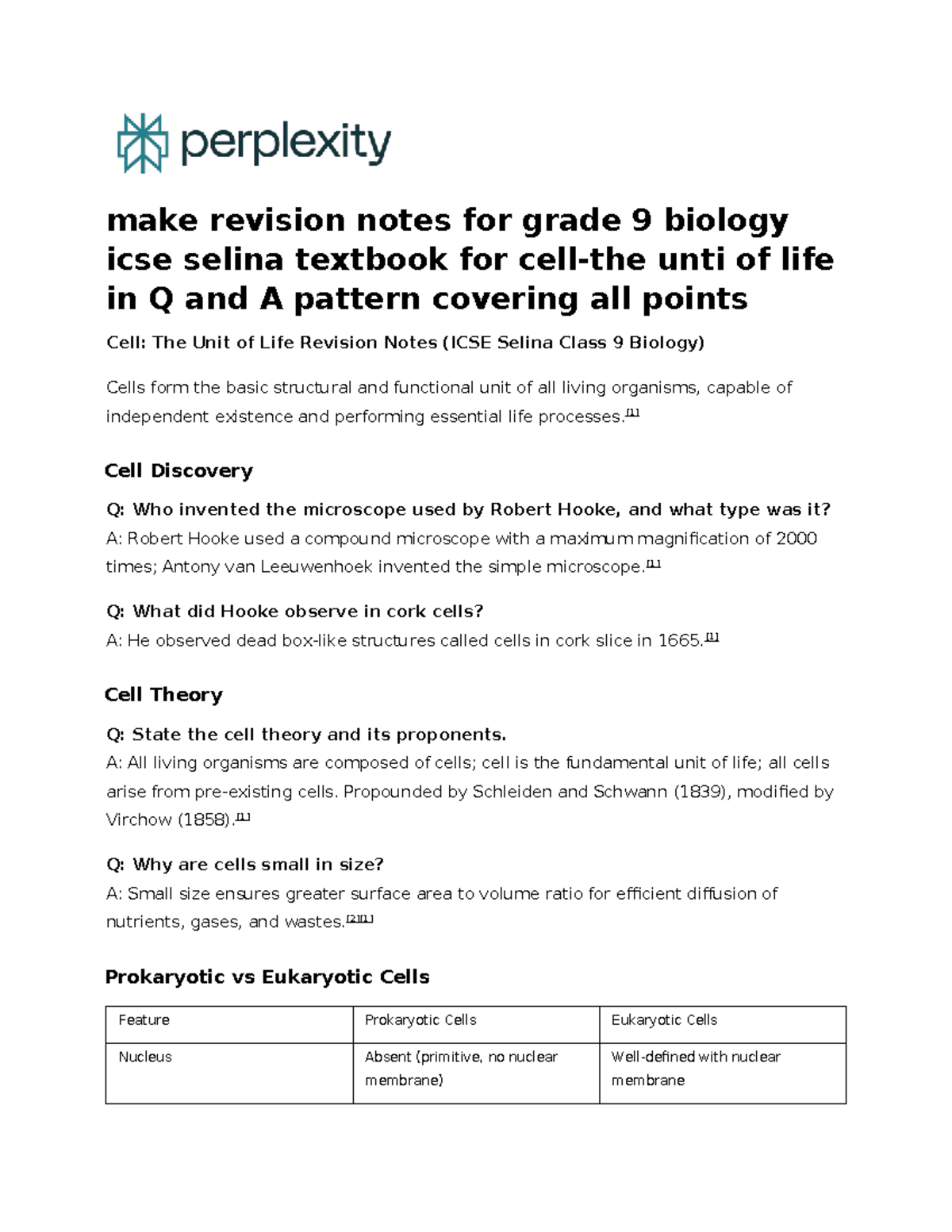 Cell: The Unit of Life - Revision Notes (ICSE Class 9 Biology) - Studocu
