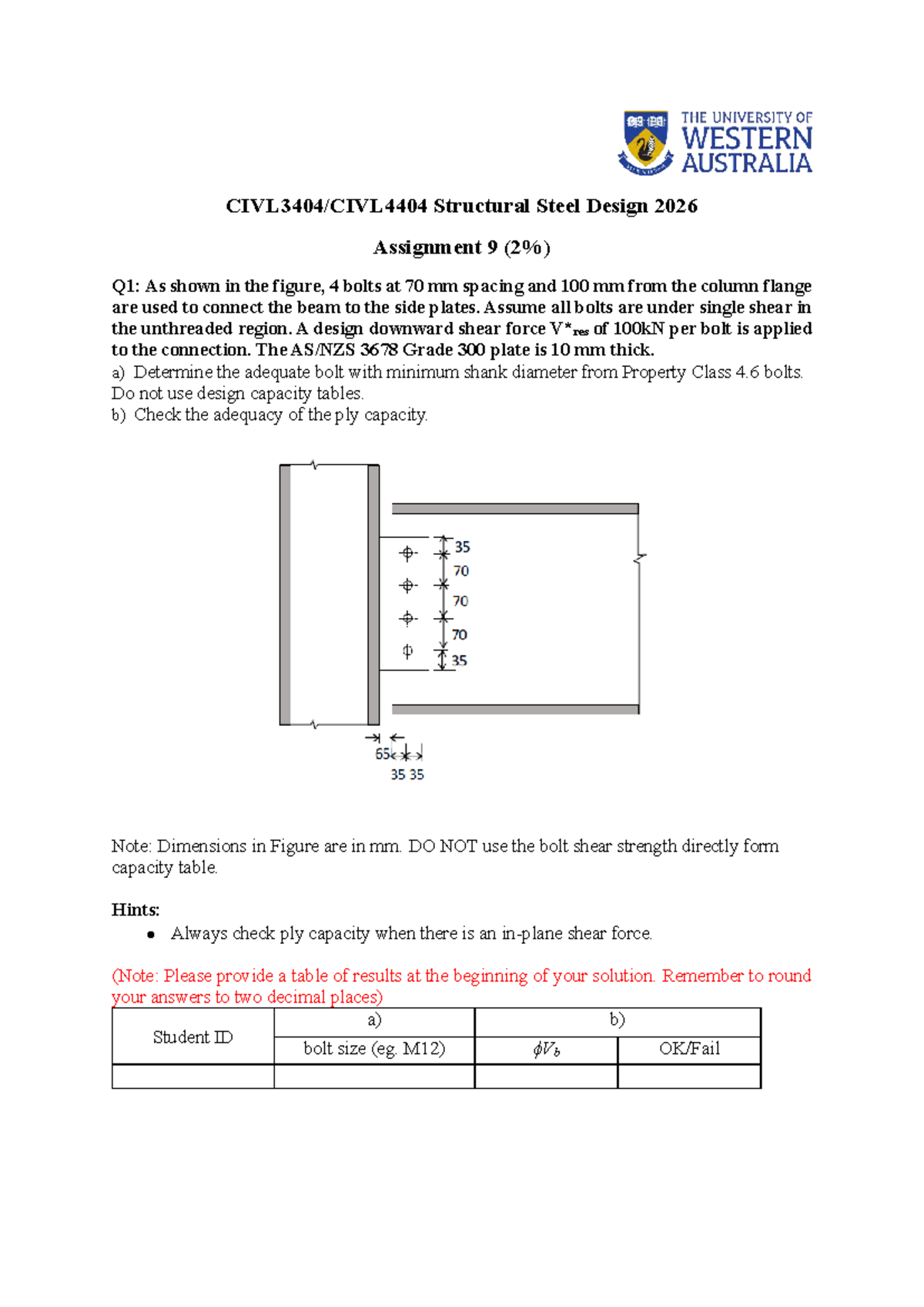 Structural Steel Design 2026 Assignment 9: Bolt Connection Analysis ...