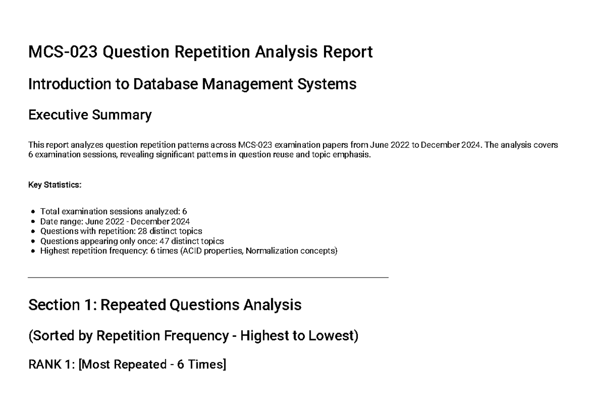 Question Repetition Analysis Report for DBMS (June 2022 - Dec 2024 ...