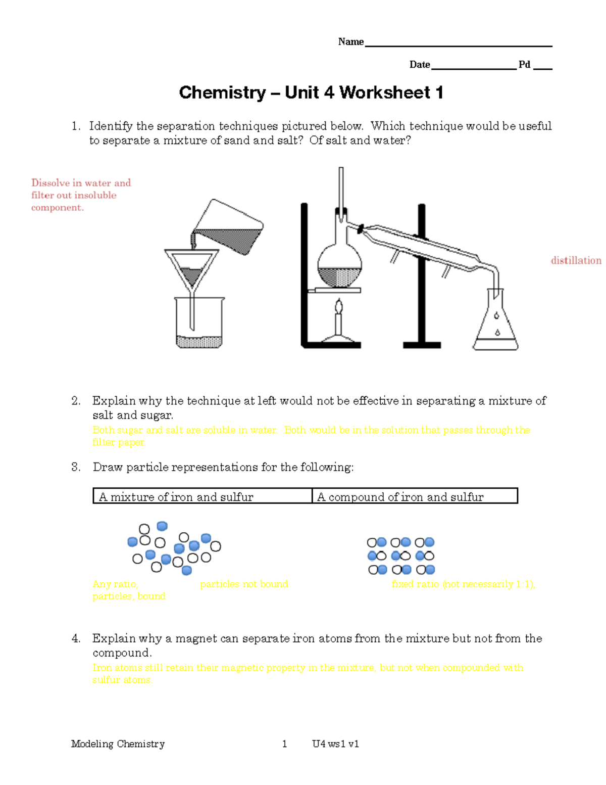 Chemistry 1 - Unit 4 Worksheet 1: Separation Techniques and Mixtures ...