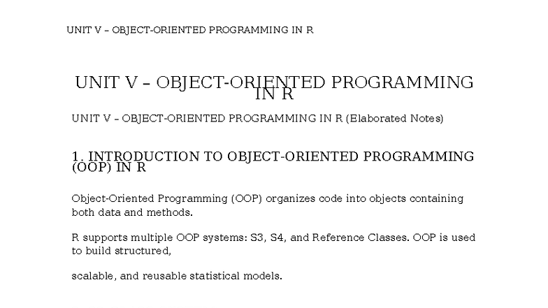 UNIT V: Elaborated Notes on OOP in R Programming - Studocu
