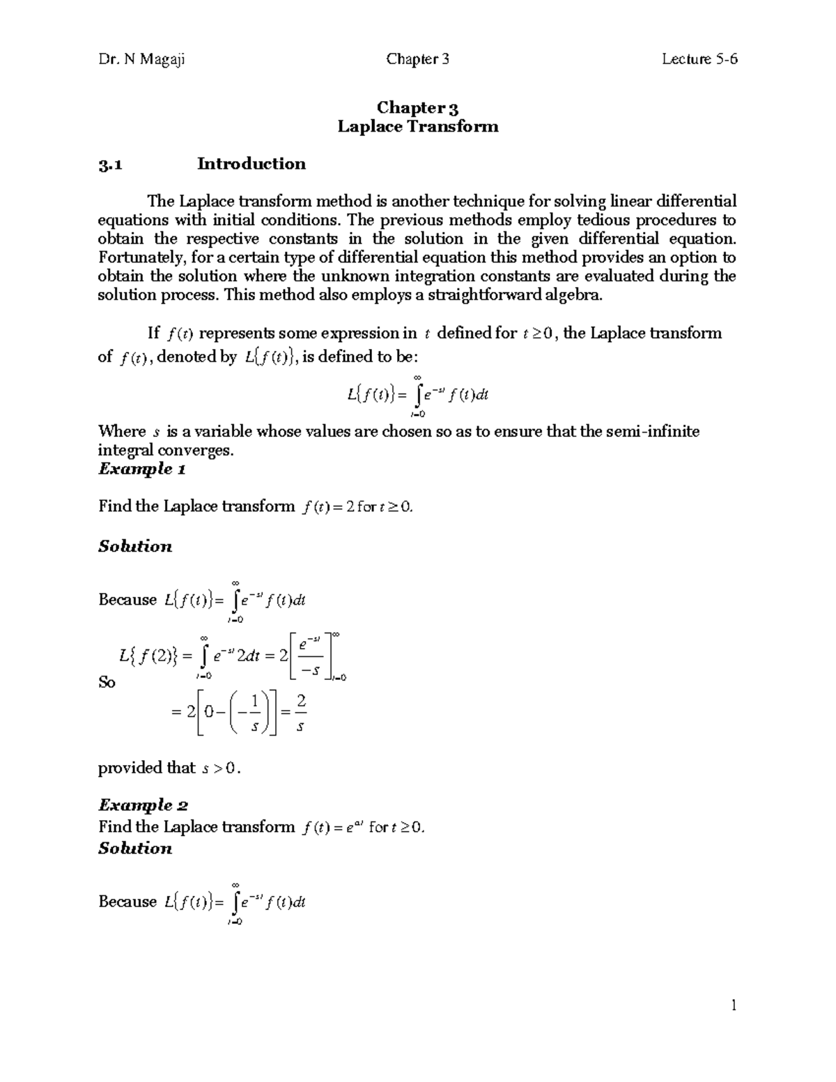 Dr. N Magaji Chapter 3 Lecture: Laplace Transform Techniques - Studocu