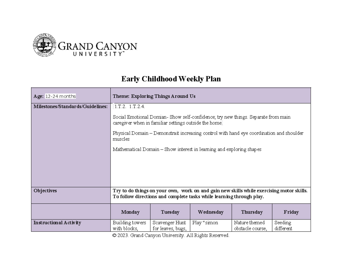 ECE-210-T7-Early Childhood Weekly Plan: Exploring Our World - Studocu