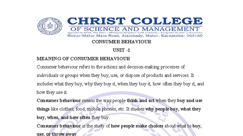 Consumer Behaviour Unit 1: Understanding Consumer Actions and ...
