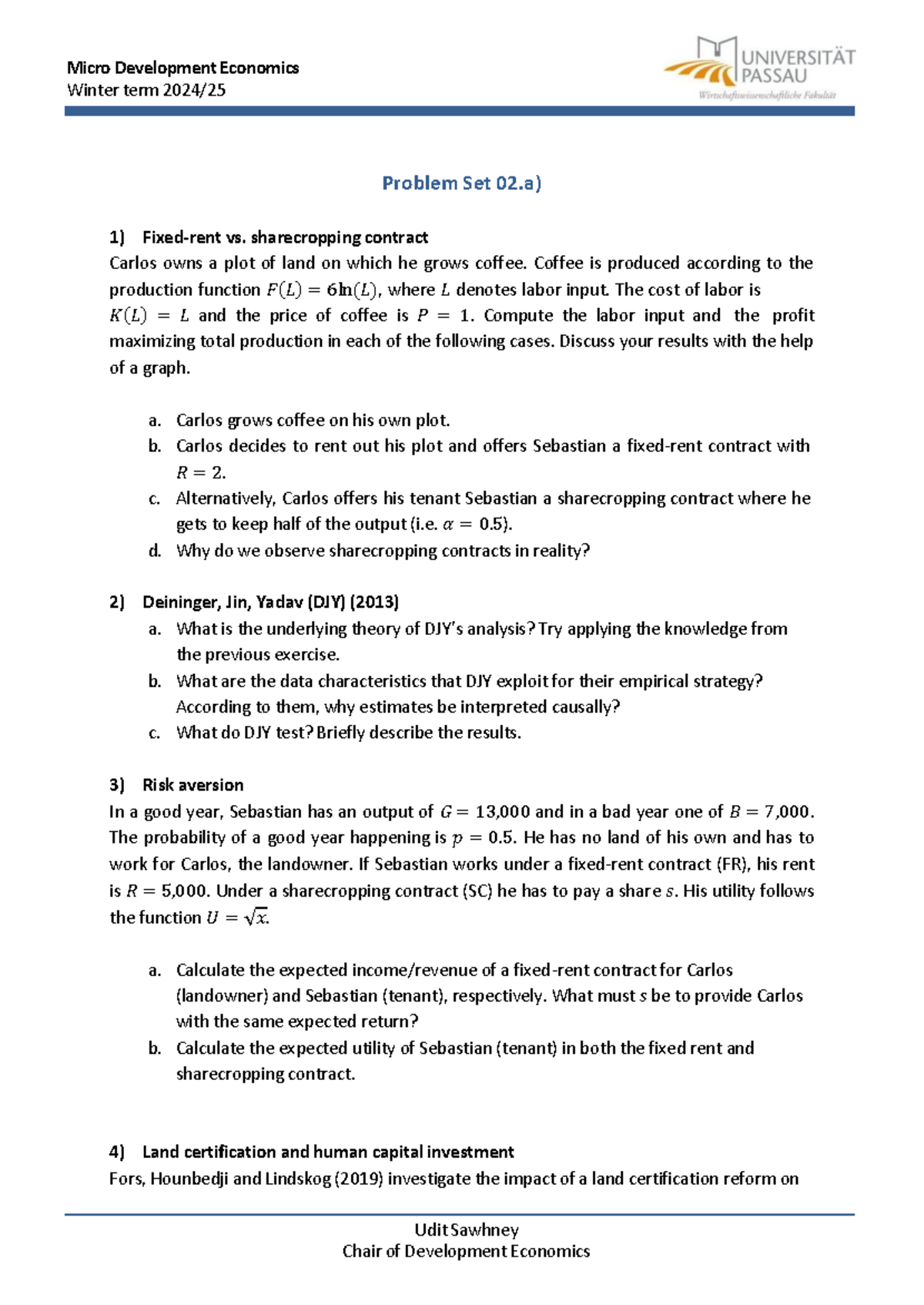 MDE PS02a 2 - Sharecropping tutorials. - Micro Development Economics ...