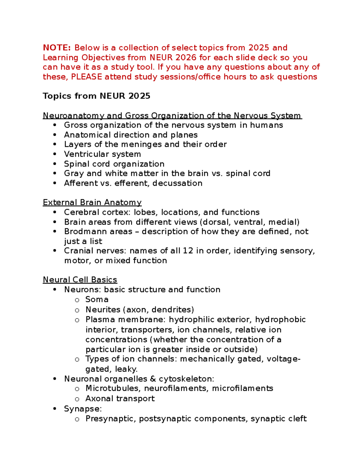 Neuroanatomy & Physiology Overview: NEUR 2025 Study Guide - Studocu