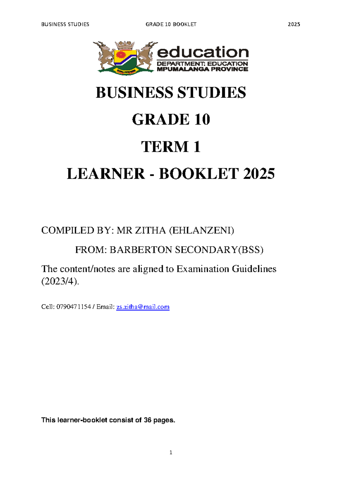 BUSINESS STUDIES GRADE 10 TERM 1 BOOKLET 2025 - MR ZITHA (BSS) - Studocu