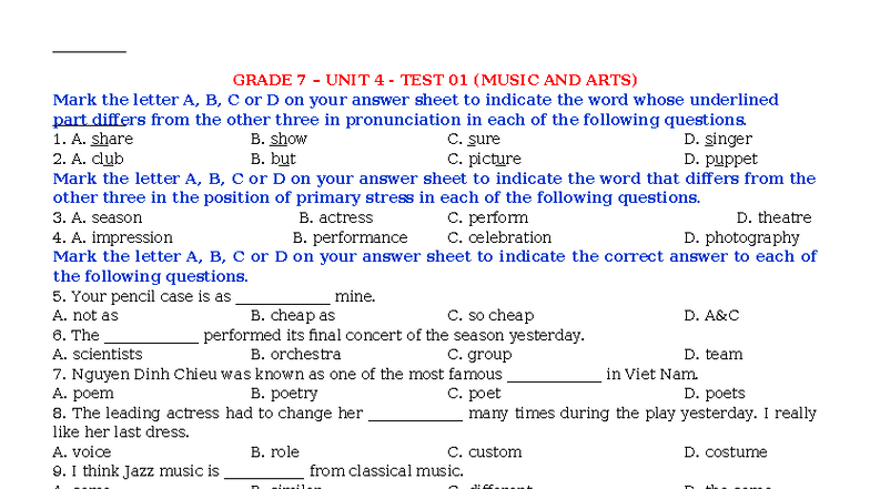 GRADE 7 UNIT 4 TEST 01 (MUSIC AND ARTS) - Listening & Comprehension ...