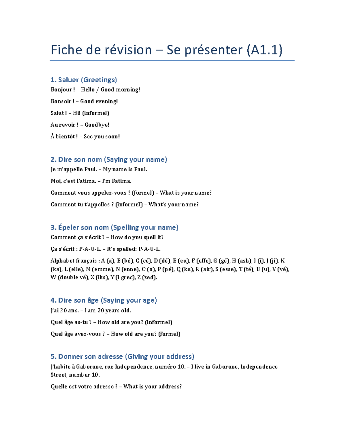 Fiche de révision – Se présenter (A1.1) et Exercices - Studocu