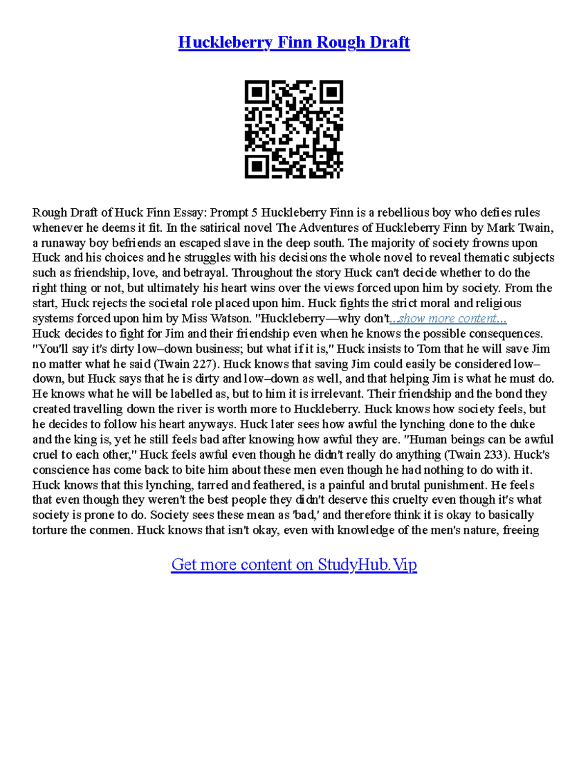 Huck Finn Essay Prompts and Analysis for English 101 - Studocu